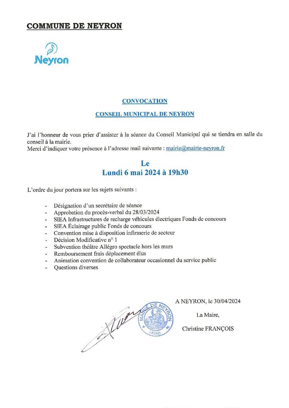 Prochain Conseil Municipal - Site de la commune de Neyron